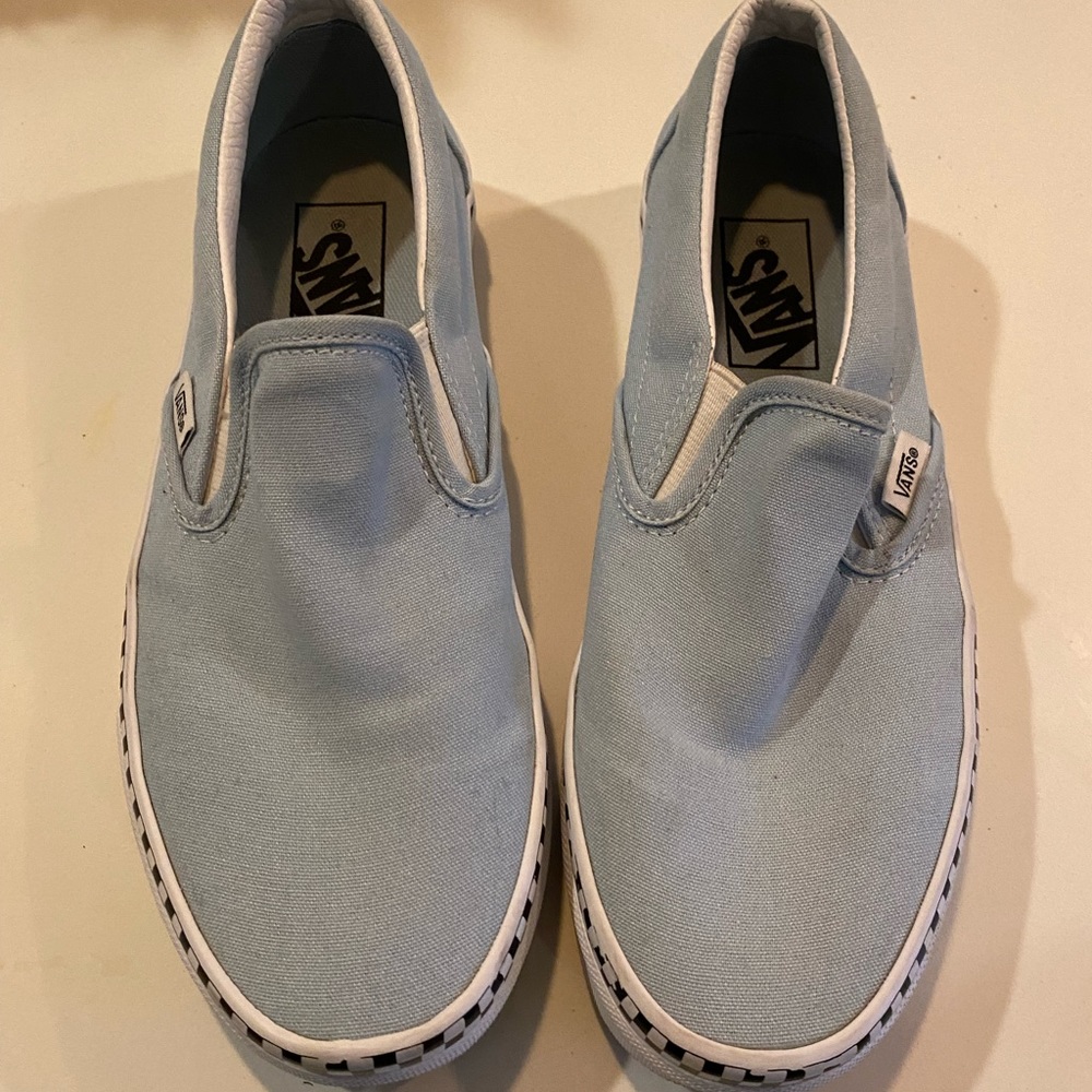 Vans Classic Baby Blue Slip On Sneakers Shoes Checker… - Gem